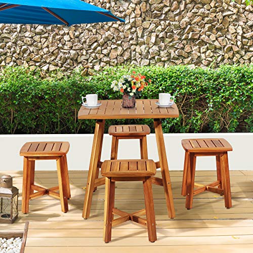 Tangkula 5 Piece Wood Patio Dining Set, Outdoor Dining Furniture w/Square Table & 4 Stools, Garden Conversation Dinging Set for Porch, Backyard, Balcony, Poolside, Reddish Brown