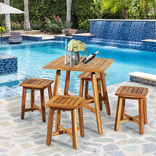 Tangkula 5 Piece Wood Patio Dining Set, Outdoor Dining Furniture w/Square Table & 4 Stools, Garden Conversation Dinging Set for Porch, Backyard, Balcony, Poolside, Reddish Brown