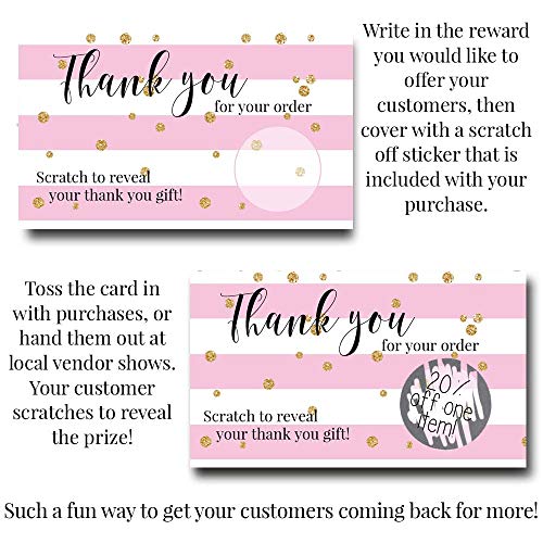 Pink Stripes Scratch & Win Customer Appreciation Package Inserts for Small Businesses, 20 2" X 3.5” Single Sided Insert Cards with Scratch Off Stickers included by AmandaCreation