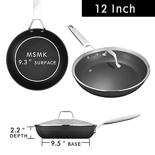 MsMk 12 inch Large Nonstick Frying Pan with Lid, Carbonize also Nonstick, PFOA Free Non-Toxic, Stay-Cool Handle, Scratch-resistant, Induction Skillet for Induction, Ceramic and Gas Cooktops