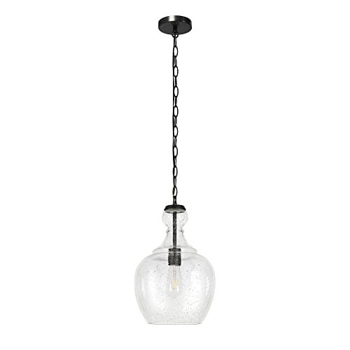 Henn&Hart 11" Wide Pendant with Glass Shade in Blackened Bronze/Seeded, Pendant, Flush Mount Ceiling Light Fixture for Kitchen, Living Room