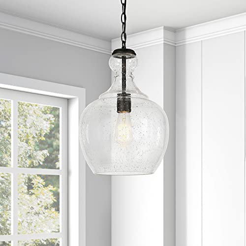 Henn&Hart 11" Wide Pendant with Glass Shade in Blackened Bronze/Seeded, Pendant, Flush Mount Ceiling Light Fixture for Kitchen, Living Room