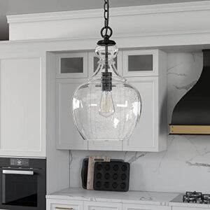 Henn&Hart 11" Wide Pendant with Glass Shade in Blackened Bronze/Seeded, Pendant, Flush Mount Ceiling Light Fixture for Kitchen, Living Room