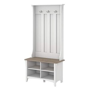 bush furniture salinas hall tree with shoe storage bench, pure white and shiplap gray