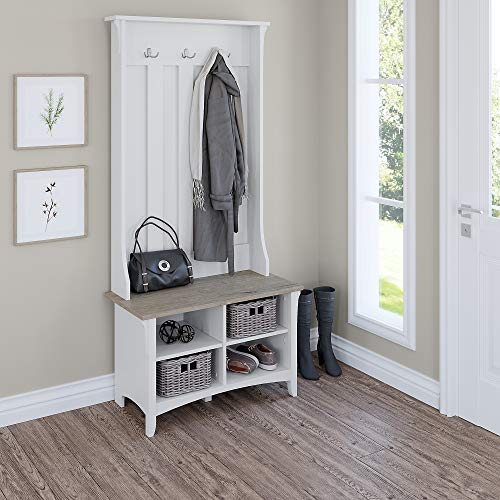 Bush Furniture Salinas Hall Tree with Shoe Storage Bench, Pure White and Shiplap Gray