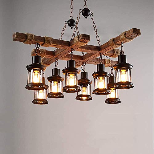 8 Lights Industrial Wooden Hanging Lighting Black Metal Chandelier Farmhouse Vintage Pendant Lamp Glass Lampshade for Pool Table Kitchen Island Bar Retro Ceiling Light Height Adjustable Fixture