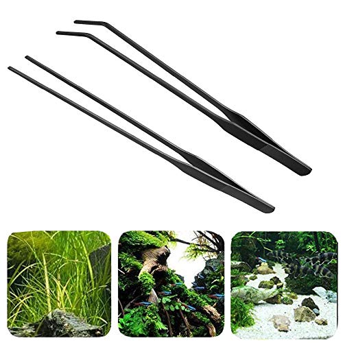 Wenplus 2PCS Aquarium Tweezers Stainless Steel Straight and Curved Tweezers Set Long Handle Reptile Feeding Tongs for Aquatic Plants Lizards Spider Snakes Garden Repairing - 10.6inch, Black