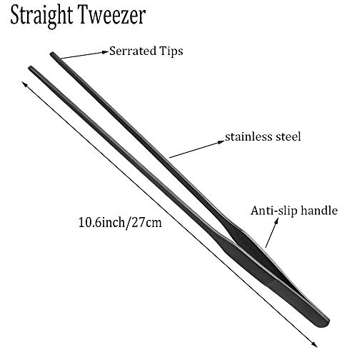 Wenplus 2PCS Aquarium Tweezers Stainless Steel Straight and Curved Tweezers Set Long Handle Reptile Feeding Tongs for Aquatic Plants Lizards Spider Snakes Garden Repairing - 10.6inch, Black