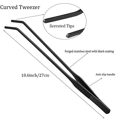 Wenplus 2PCS Aquarium Tweezers Stainless Steel Straight and Curved Tweezers Set Long Handle Reptile Feeding Tongs for Aquatic Plants Lizards Spider Snakes Garden Repairing - 10.6inch, Black