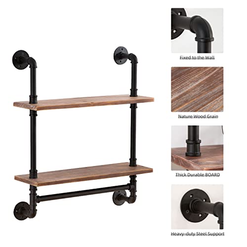 ROGMARS Industrial Pipe Shelving,Iron Pipe Shelves Industrial Bathroom Shelves with Towel bar,24 in Rustic Metal Pipe Floating Shelves Pipe Wall Shelf,2 Tier Industrial Shelf Wall Mounted with Hook