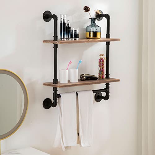 ROGMARS Industrial Pipe Shelving,Iron Pipe Shelves Industrial Bathroom Shelves with Towel bar,24 in Rustic Metal Pipe Floating Shelves Pipe Wall Shelf,2 Tier Industrial Shelf Wall Mounted with Hook