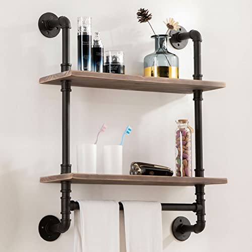 ROGMARS Industrial Pipe Shelving,Iron Pipe Shelves Industrial Bathroom Shelves with Towel bar,24 in Rustic Metal Pipe Floating Shelves Pipe Wall Shelf,2 Tier Industrial Shelf Wall Mounted with Hook