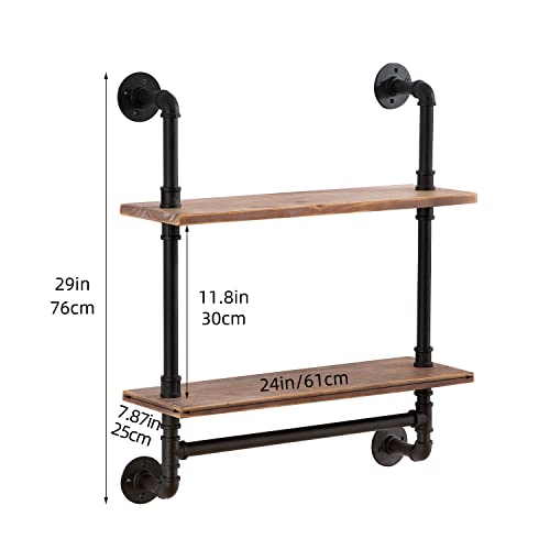 ROGMARS Industrial Pipe Shelving,Iron Pipe Shelves Industrial Bathroom Shelves with Towel bar,24 in Rustic Metal Pipe Floating Shelves Pipe Wall Shelf,2 Tier Industrial Shelf Wall Mounted with Hook