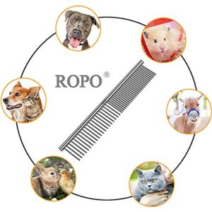 ROPO Pet Steel Combs Dog Cat Comb Tool for Removing Matted Fur - Pet Dematting Comb with Rounded Teeth and Non-Slip Grip Handle - Prevents Knots and Mats for Long and Short Haired Pets