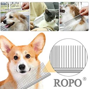 ROPO Pet Steel Combs Dog Cat Comb Tool for Removing Matted Fur - Pet Dematting Comb with Rounded Teeth and Non-Slip Grip Handle - Prevents Knots and Mats for Long and Short Haired Pets