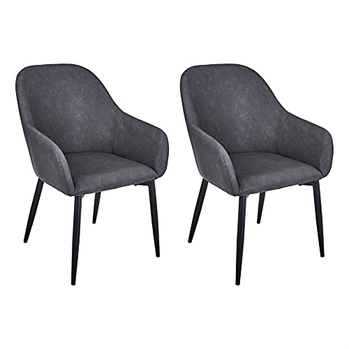 CangLong Mid Century Dining Room Chairs with Arm Metal Leatherette Seat, set of 2, Black