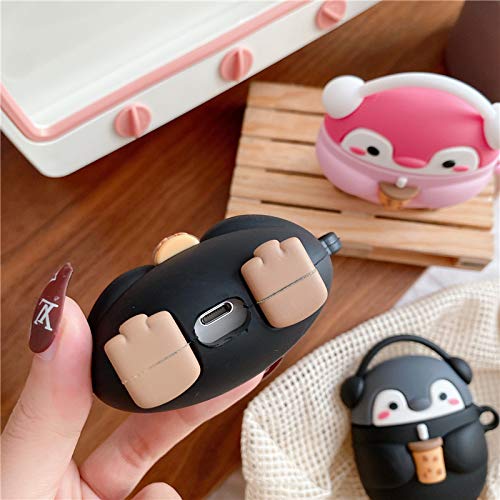 BONTOUJOUR Earphone Case Compatible with AirPods 1/2, Super Cute Standing Headphone Penguin Baby with Milk Tea in Hand Case, Stylish Kawaii Soft Silicone Earbud Protection Skin -Black