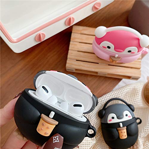 BONTOUJOUR Earphone Case Compatible with AirPods 1/2, Super Cute Standing Headphone Penguin Baby with Milk Tea in Hand Case, Stylish Kawaii Soft Silicone Earbud Protection Skin -Black