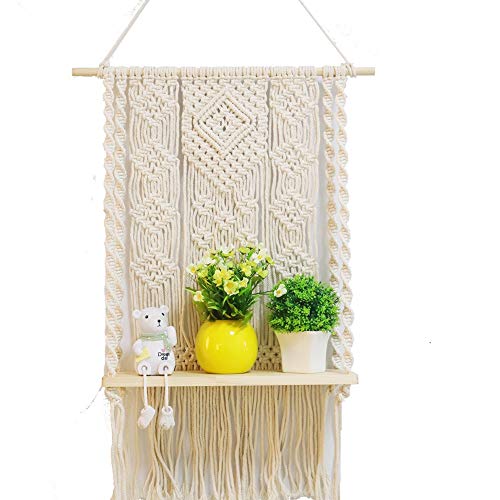 AMIAEDU Macrame Wall Hanging Shelf, Handmade Indoor Boho Rope Plant Pot Basket Hanger Holder, Rope Plant Hanger for Wall Decor (White)