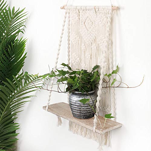 AMIAEDU Macrame Wall Hanging Shelf, Handmade Indoor Boho Rope Plant Pot Basket Hanger Holder, Rope Plant Hanger for Wall Decor (White)