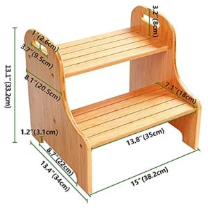 Bamboo 2 Step Stool with Non-Slip Step Treads and 2 Cutout Handles