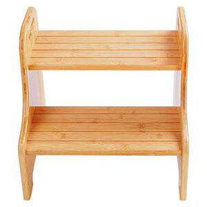 Bamboo 2 Step Stool with Non-Slip Step Treads and 2 Cutout Handles