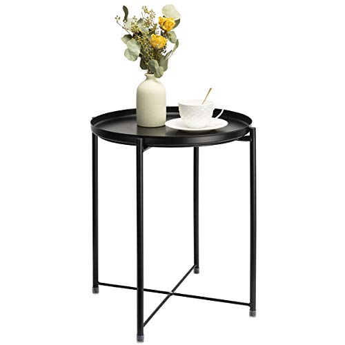 danpinera Metal Side Table, Black Side Table for Small Spaces Outdoor Patio Side Table Circle Metal Bedside Table Waterproof Removable Tray Round Accent Table for Nursery Bedroom Balcony Office Black