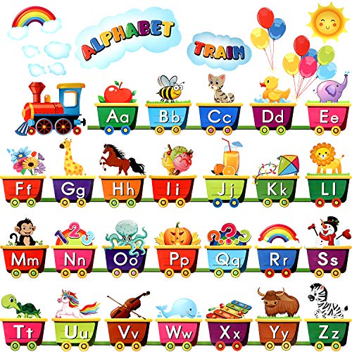 37 Pieces Train Alphabet Bulletin Board Display Set, Early Learning Bedroom Nursery Playroom Decorations and 120 Pieces Glue Point Dots for Kids and Teens Rooms and Classrooms Decoration