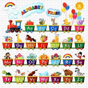 37 Pieces Train Alphabet Bulletin Board Display Set, Early Learning Bedroom Nursery Playroom Decorations and 120 Pieces Glue Point Dots for Kids and Teens Rooms and Classrooms Decoration