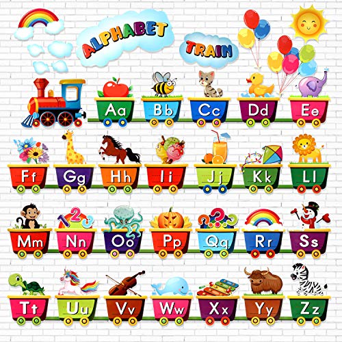 37 Pieces Train Alphabet Bulletin Board Display Set, Early Learning Bedroom Nursery Playroom Decorations and 120 Pieces Glue Point Dots for Kids and Teens Rooms and Classrooms Decoration