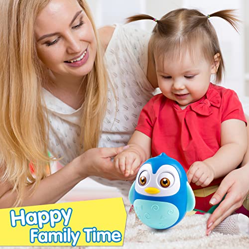 UNIH Roly Poly Baby Toys 6 to 12 Months, Tummy Time Wobbler Toys, Penguin Tumbler Wobbler Toys for Infant Boy Girl Gifts (Blue)