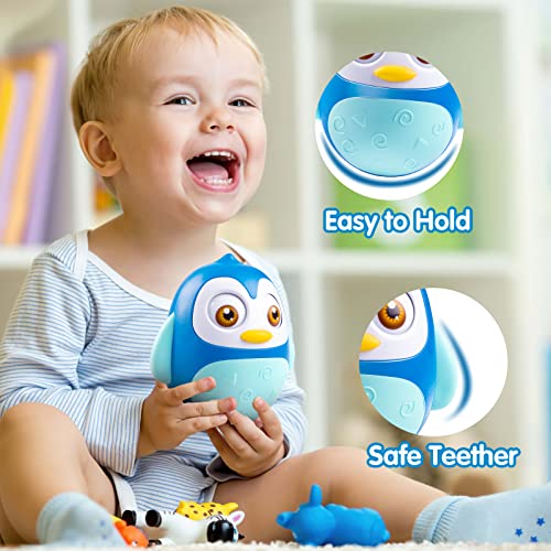 UNIH Roly Poly Baby Toys 6 to 12 Months, Tummy Time Wobbler Toys, Penguin Tumbler Wobbler Toys for Infant Boy Girl Gifts (Blue)