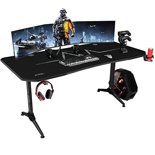 KaiMeng Racing Style Gamer Computer Desk Free Full Mouse Pad Modern Carbon Fiber Surface Ergonomic, T-Shaped Y Leg Office Room Game Table Workstation, with Handle Rack, 62.7"L X 29.5"W X 29.5"H, Black