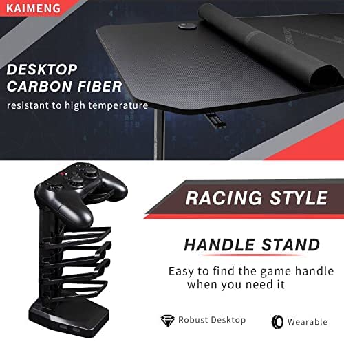 KaiMeng Racing Style Gamer Computer Desk Free Full Mouse Pad Modern Carbon Fiber Surface Ergonomic, T-Shaped Y Leg Office Room Game Table Workstation, with Handle Rack, 62.7"L X 29.5"W X 29.5"H, Black