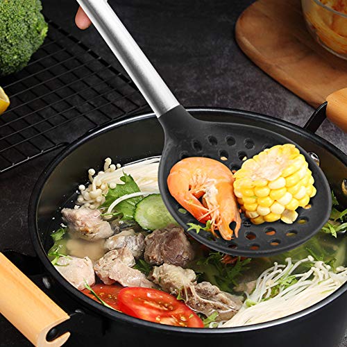 KUFUNG Silicone Slotted Spoon, Stainless Steel Handle Seamless & Nonstick Kitchen Ladles, BPA-free & Heat resistant up to 480°F, Silicone Non-Stick Kitchen Cooking Utensils Baking Tool (Black)