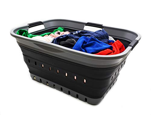 SAMMART 42L Collapsible Plastic Laundry Basket - Foldable Pop Up Storage Container/Organizer - Portable Washing Tub - Space Saving Hamper/Basket (1, Grey/Black)