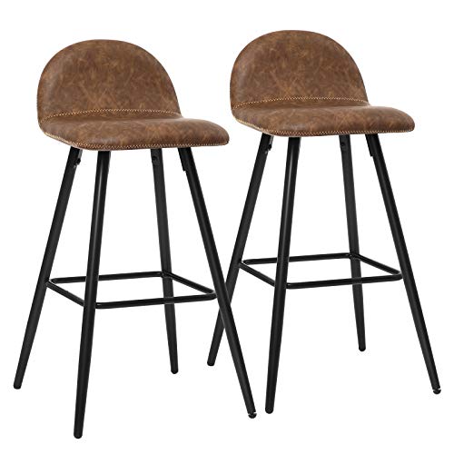 SONGMICS Set of 2 Bar Stools, Mid-Century Modern Bar Chairs with Metal Legs, Backrest, Footrest, Synthetic Leather Stylish Kitchen Stools, Retro Brown and Black ULJB027K01