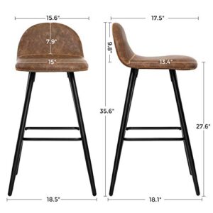 SONGMICS Set of 2 Bar Stools, Mid-Century Modern Bar Chairs with Metal Legs, Backrest, Footrest, Synthetic Leather Stylish Kitchen Stools, Retro Brown and Black ULJB027K01