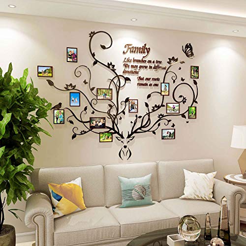 DecorSmart Antlers Family Tree Wall Decor for Living Room, 3D Removable Picture Frame Collage DIY Acrylic Stickers with Deer Head and Quote Family Like Branches on a Tree