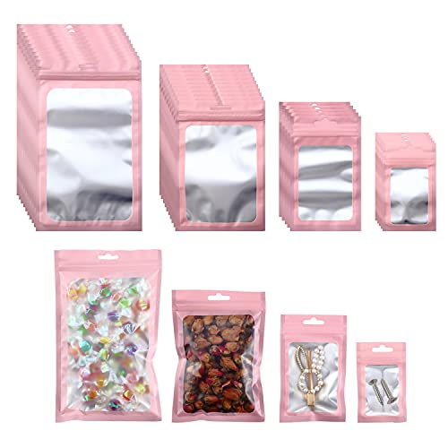 Beilecy 120 Pcs Resealable Foil Pouch with Window and Euro Hang Hole Odorless Mylar Bags Heat Seal Pouch Food Safe Storage, Airtight Ziplock,4 Sizes (Matte Pink)