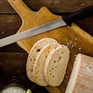 SUGUS HOUSE Professional 10 inch Serrated Bread Knife for kitchen with Ergonomic handles, Bread Cutter, Ultra-Sharp Stainless Steel – Perfect for Slicing Bread, Cake (10 inch Blade, Black)