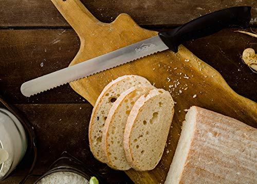 SUGUS HOUSE Professional 10 inch Serrated Bread Knife for kitchen with Ergonomic handles, Bread Cutter, Ultra-Sharp Stainless Steel – Perfect for Slicing Bread, Cake (10 inch Blade, Black)