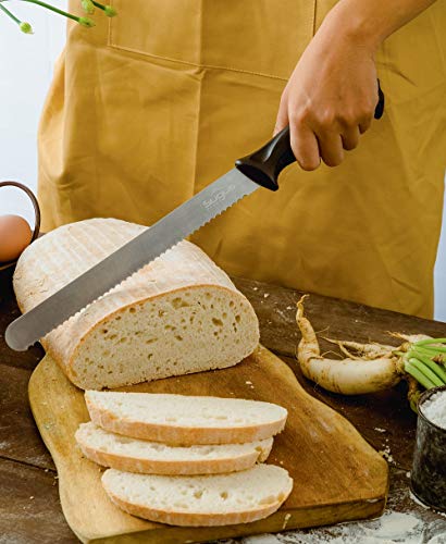 SUGUS HOUSE Professional 10 inch Serrated Bread Knife for kitchen with Ergonomic handles, Bread Cutter, Ultra-Sharp Stainless Steel – Perfect for Slicing Bread, Cake (10 inch Blade, Black)