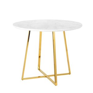 Limari Home Ruzzin Collection Modern Style Faux Marble 4 Persons Round Dining Table with Metal Base, White, Gold