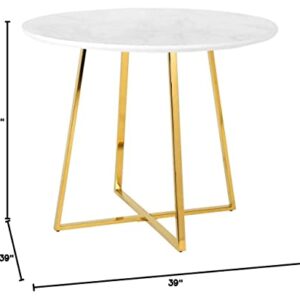 Limari Home Ruzzin Collection Modern Style Faux Marble 4 Persons Round Dining Table with Metal Base, White, Gold