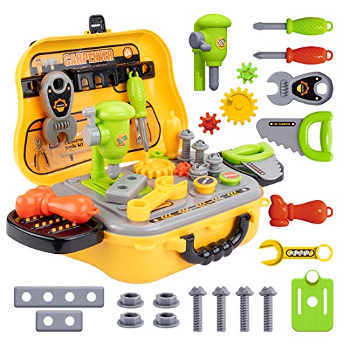 UNIH Kids Tool Sets for Boys Age 2-4 Childs Carpenter Preschool Fixing Tool Kit with Yellow Box, Toys for 2 Year Old Boy