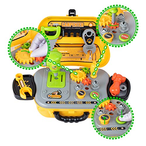 UNIH Kids Tool Sets for Boys Age 2-4 Childs Carpenter Preschool Fixing Tool Kit with Yellow Box, Toys for 2 Year Old Boy