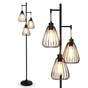 tangkula 3 lights industrial floor lamp, rustic 3-head tall lamp, 67inch metal standing lamp, tree lamp with 3 hanging lampshade, cage floor lighting for farmhouse living room kitchen bedroom (black)