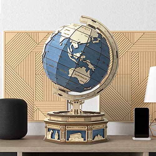 Hands Craft DIY 3D Wooden Puzzle – Globe Earth Mechanical Assembly Model Kit with Secret Locker Brain Teaser Educational STEM Toy Adults and Teens to Build Safe and Non-Toxic Laser Cut Wood ST002