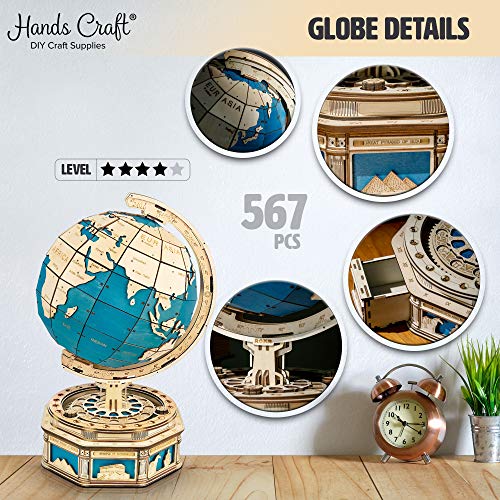 Hands Craft DIY 3D Wooden Puzzle – Globe Earth Mechanical Assembly Model Kit with Secret Locker Brain Teaser Educational STEM Toy Adults and Teens to Build Safe and Non-Toxic Laser Cut Wood ST002